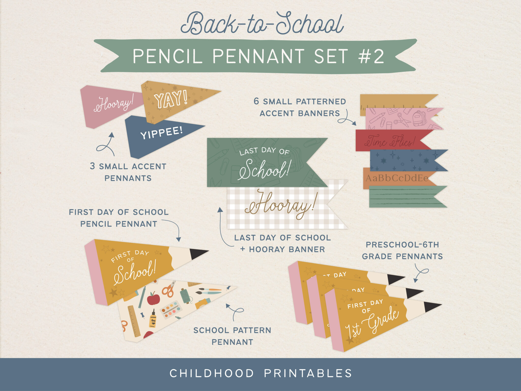 Back To School Pencil Pennant Printable Set #2, Digital Download ...