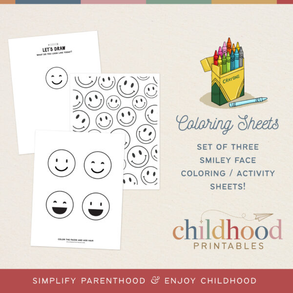 Smiley Face Coloring Activity Sheet Set, Digital Download – Childhood ...