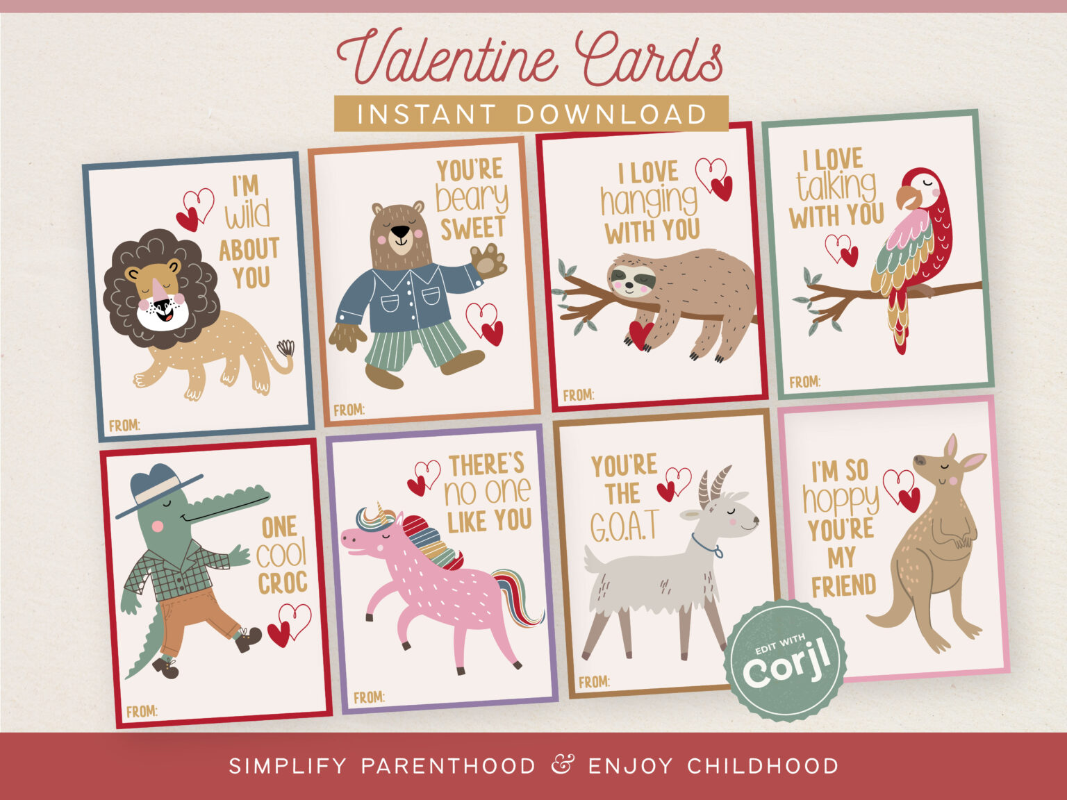 Animal Valentine Cards, Customizable Instant Download – Childhood ...